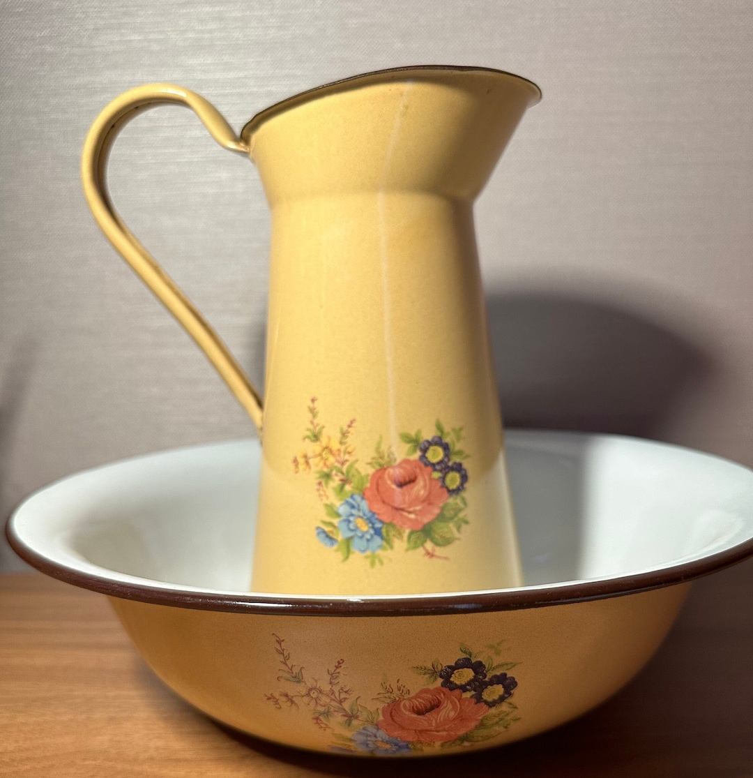Yugoslav Enamelware Body Pitcher & Wash Bowl With Floral Motif, Cottage ...