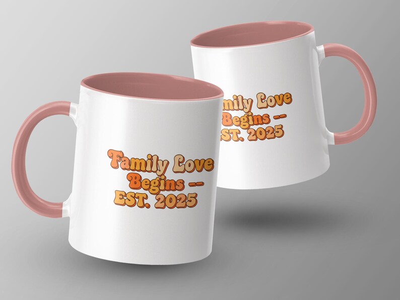Family Love Begins 2025 Mug, Parenthood Gift Idea, Retro Aesthetic Mug ...