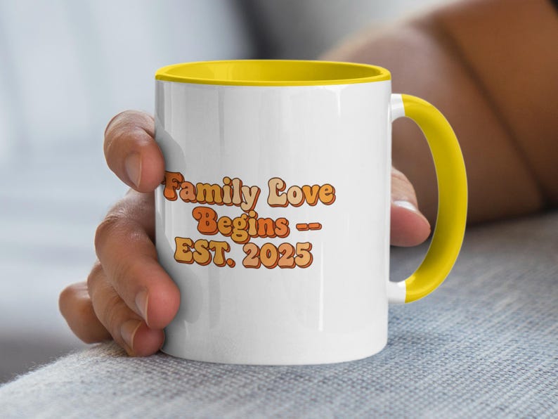 Family Love Begins 2025 Mug, Parenthood Gift Idea, Retro Aesthetic Mug ...