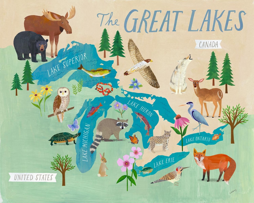 Great Lakes Illustrated Map | Geography Print on Paper or Canvas for ...