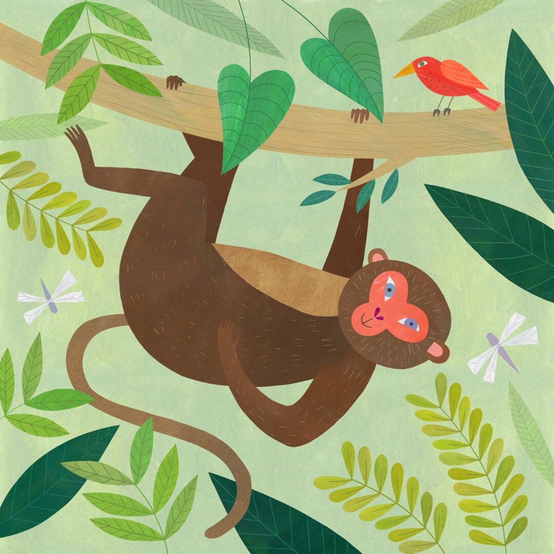 Hey Monkey | Paper Art Print for Kid's Room or Nursery, Unframed Jungle ...