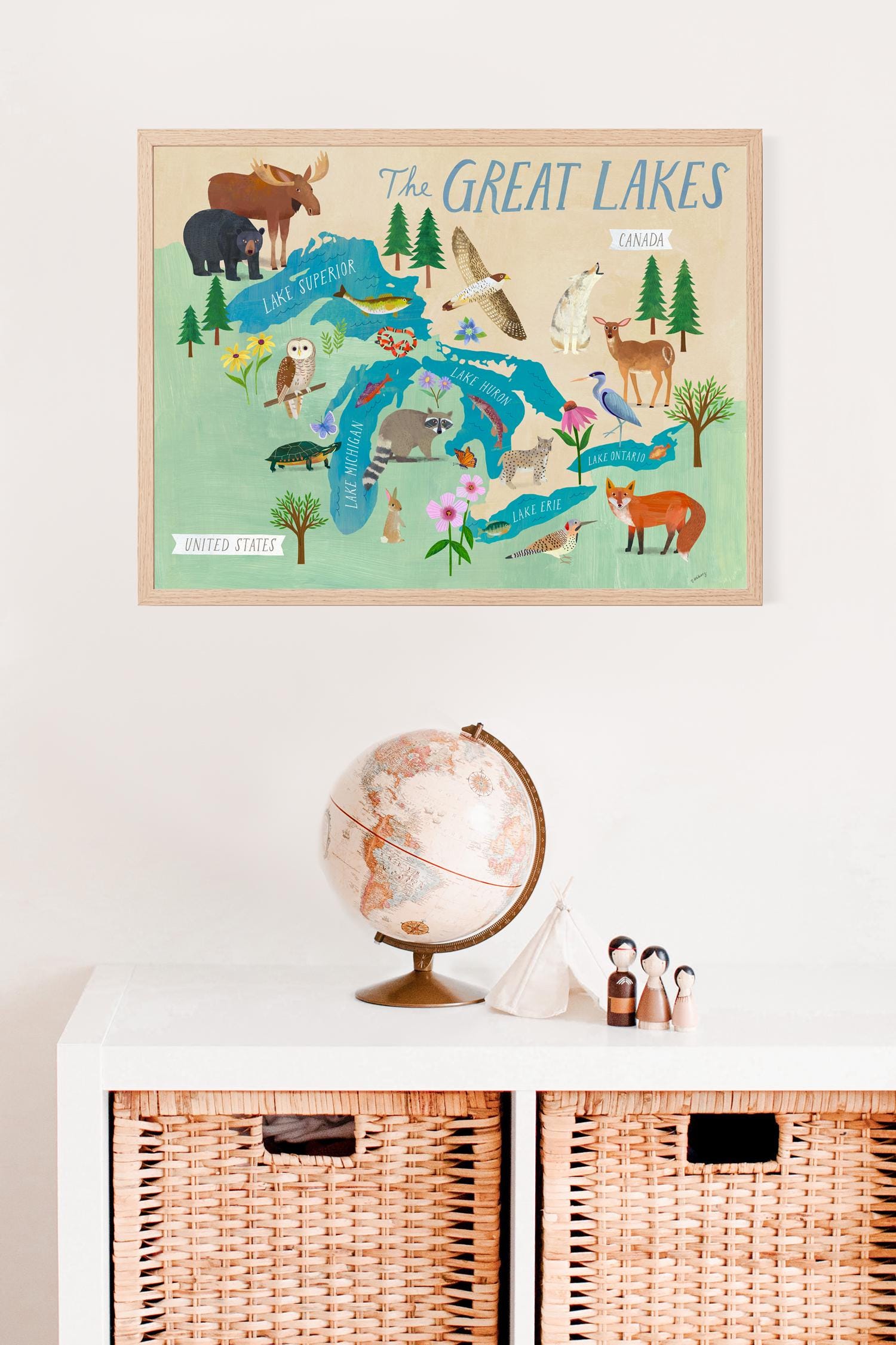 Great Lakes Illustrated Map | Geography Print on Paper or Canvas for ...