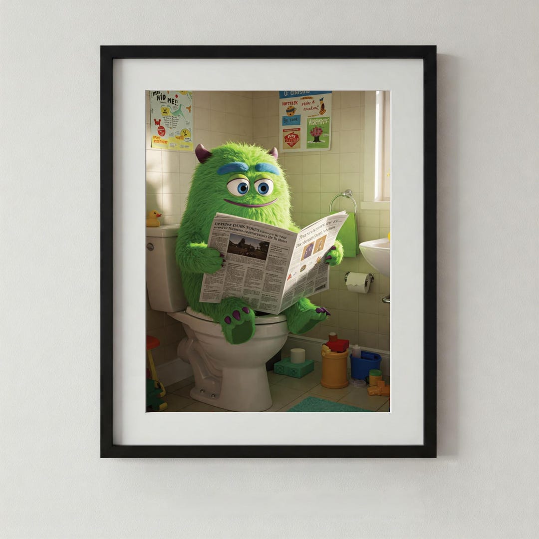 Cute Green Monster Sitting on a Toilet Reading a Newspaper, Wall Art ...