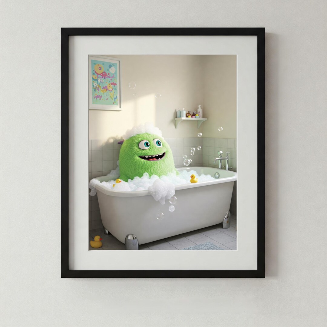 Cute Green Monster Taking a Bubble Bath, Wall Art, Monster, Print ...