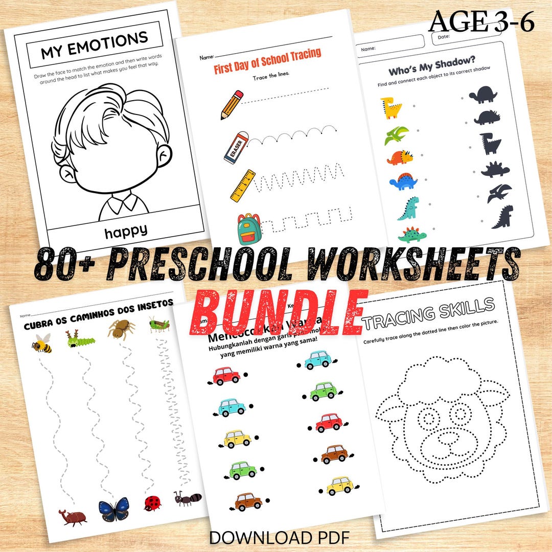 80+ Preschool Worksheets Bundle | Tracing Lines, Emotions , Matching ...
