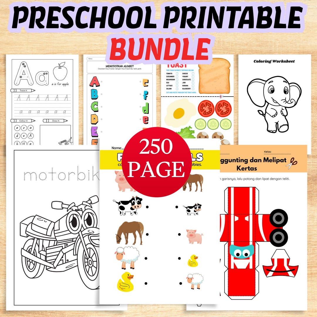 250-page Preschool Printable Bundle | Coloring, Cut and Paste, Shape ...