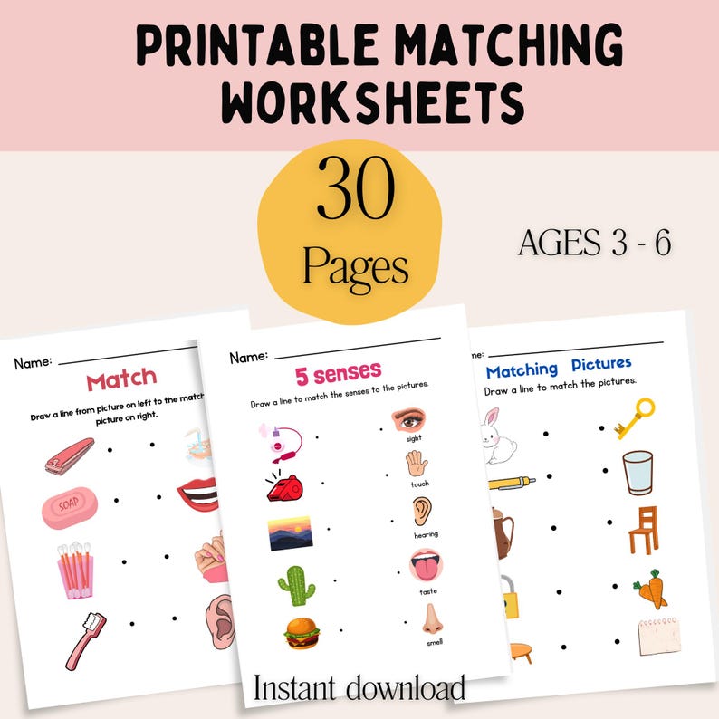 Printable Matching Worksheets for Kids | Preschool & Kindergarten Busy ...