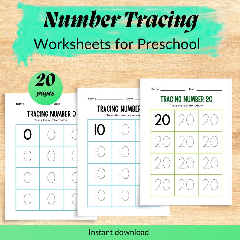 Number Tracing Worksheets for Preschool (0-20) | Handwriting Practice ...