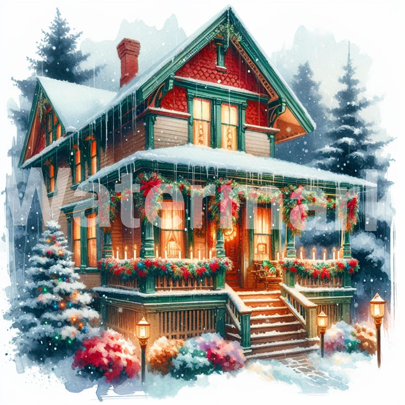 Christmas Cottage Clipart Bundle, Watercolor Winter Houses (digital ...