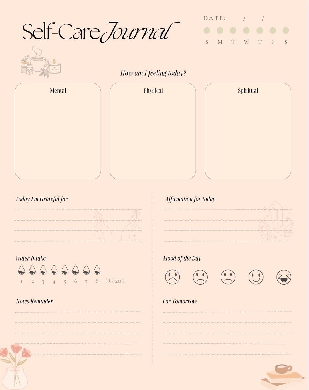 Self-care Journal Printable | Daily Wellness |mental Health Tracker ...