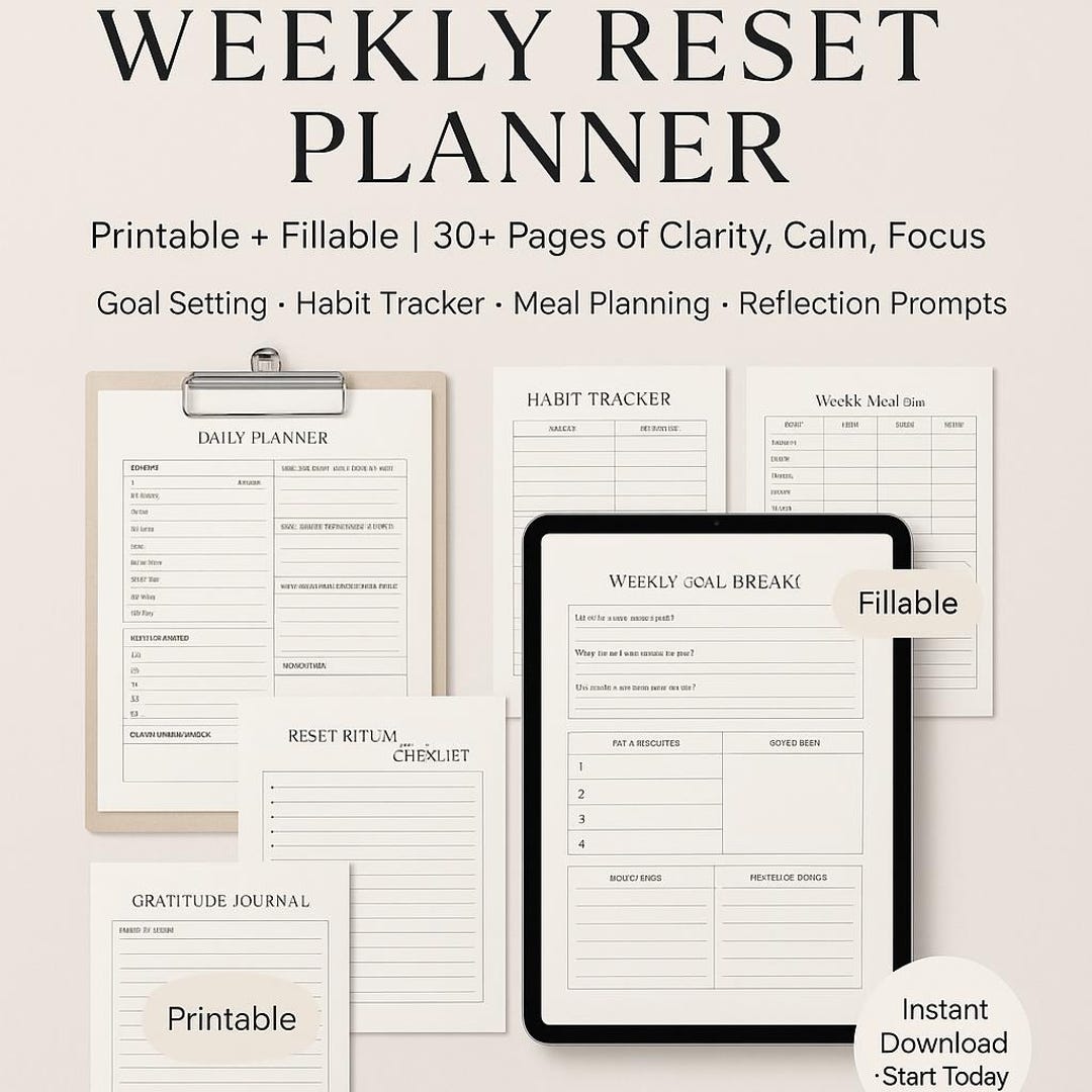 Weekly Reset Planner | 30+ Page Printable & Fillable PDF | Goal Setting ...