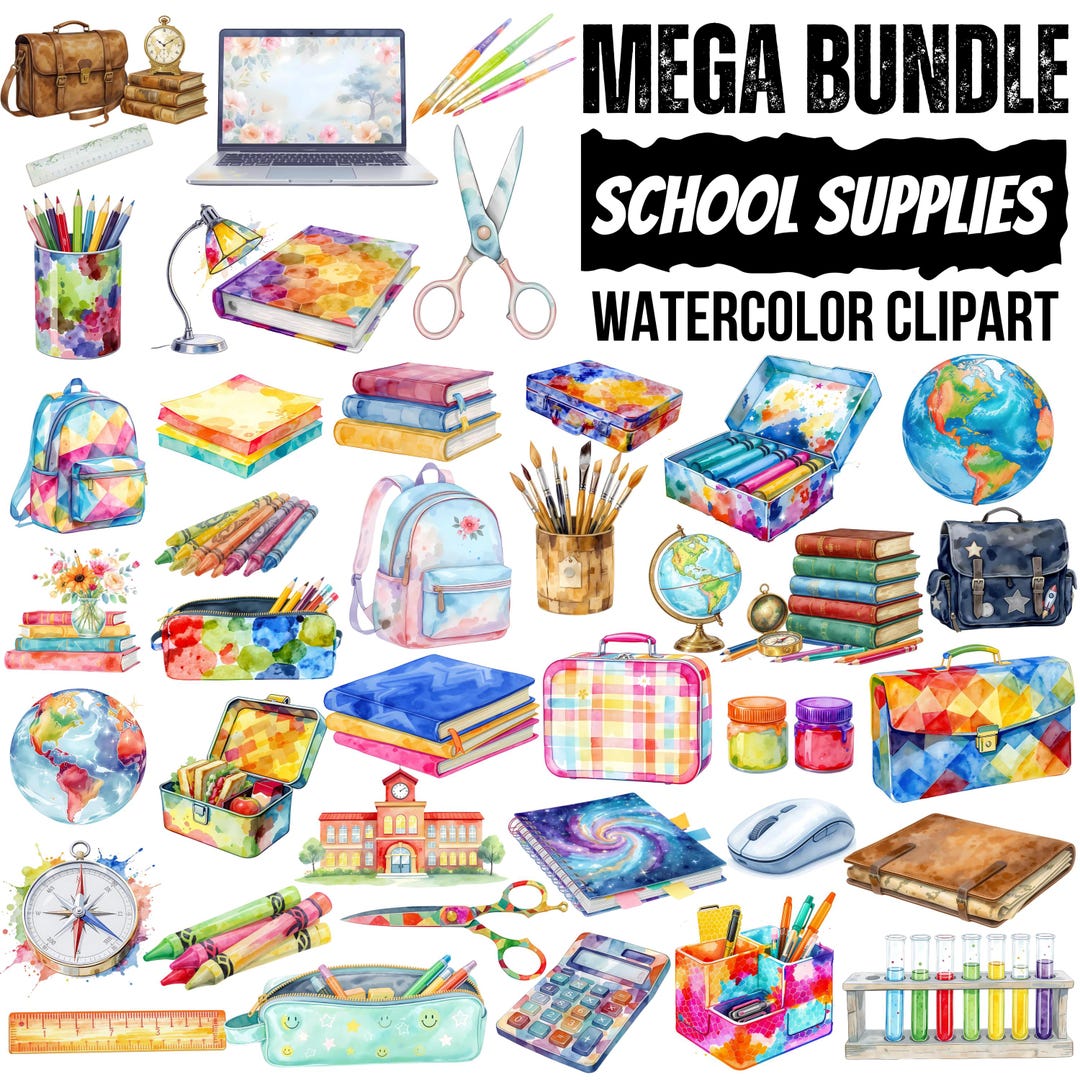 School Supplies Watercolor Clipart, Back to School Clipart, School Png ...