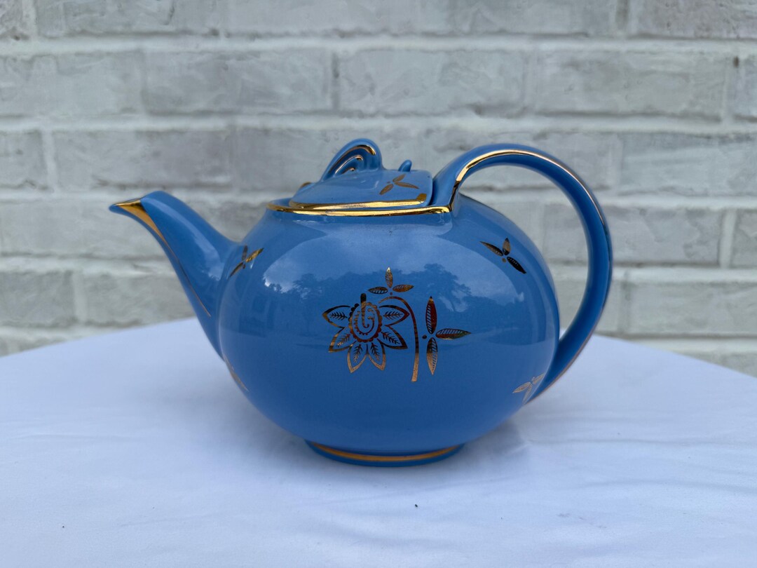 Vintage Hall Donut Teapot: Sky Blue, 24K Gold Floral, Midcentury China ...
