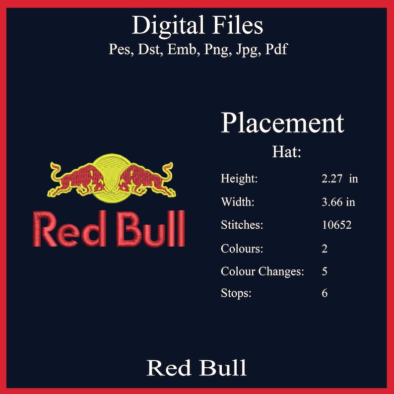 Red Bull Logo Embroidery Machine Tajima Wilcom Custom Embroidery - Etsy