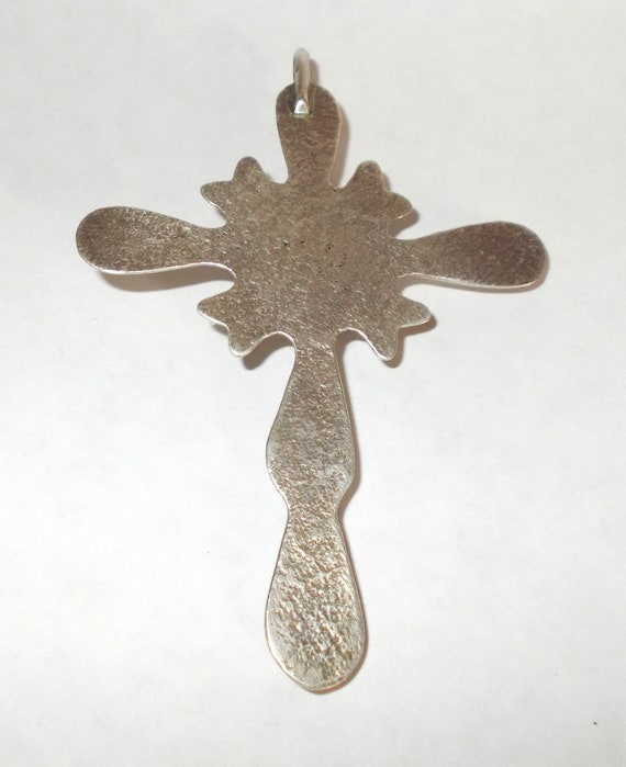 Vintage Sand Cast Silver Cross Pendant w Green Turquo… - Gem