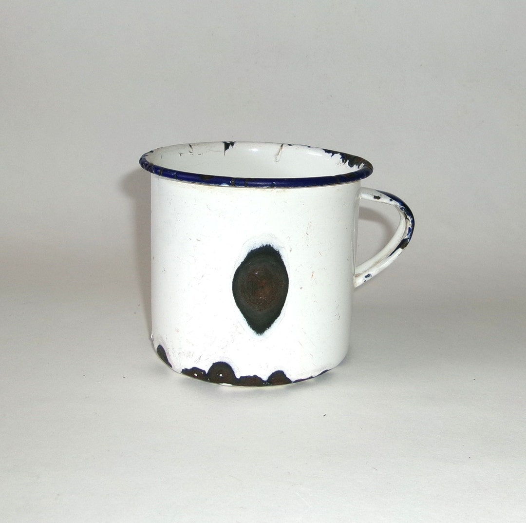 Vintage 1950's or 1960's Enamelware Coffee Cup-coffee Mug-white W Blue ...
