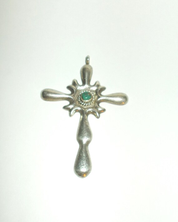 Vintage Sand Cast Silver Cross Pendant w Green Turquo… - Gem
