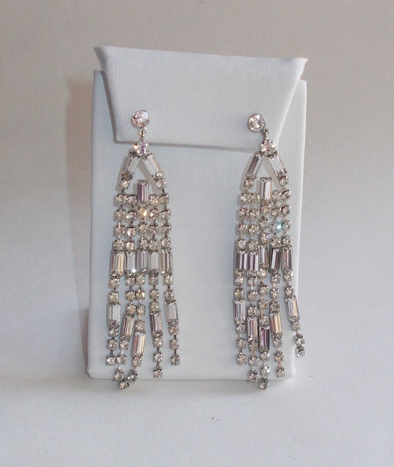 Vintage Long Dangle Rhinestone Pierced Earrings-Lots … - Gem