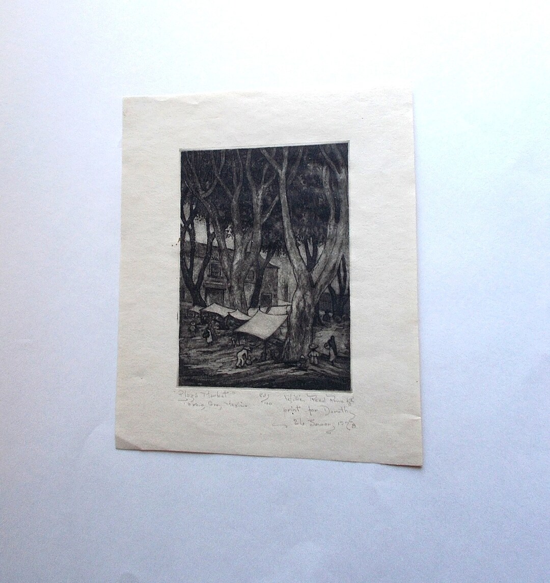 Vintage Art Block Print-green Ink-willie REED Rowe-taxco Market, Mexico ...