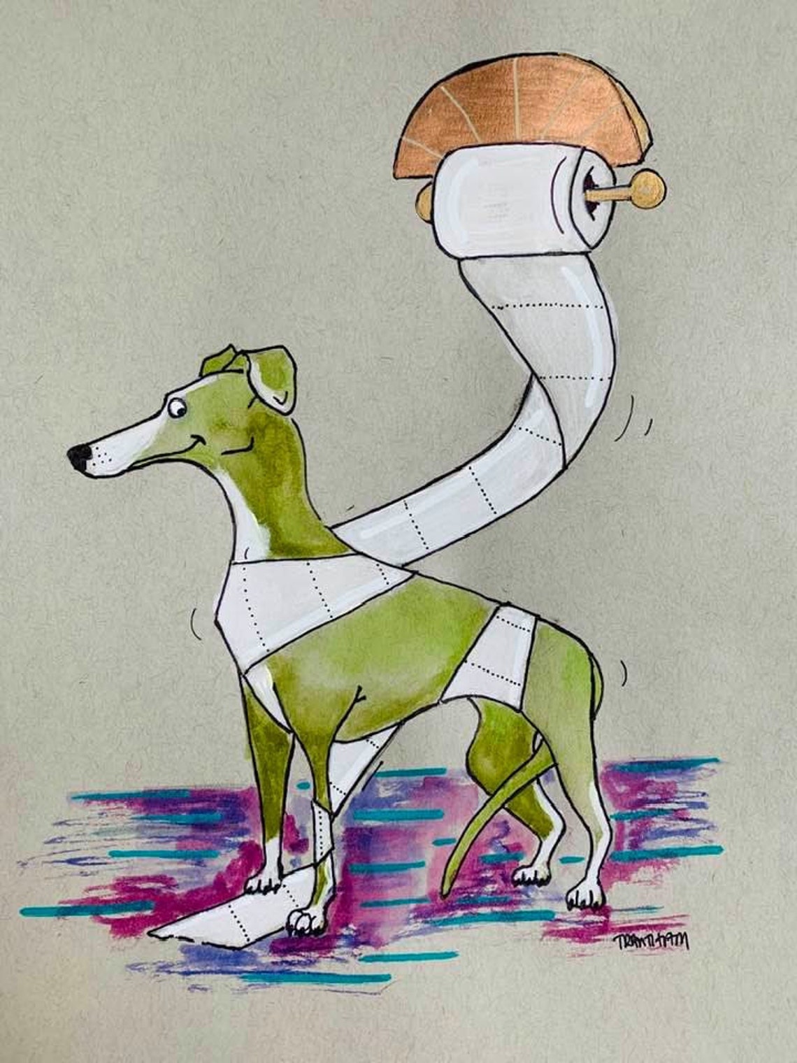 Whippet ORIGINAL, Italian Greyhound Art, Bathroom Art, Whippet Toilet ...