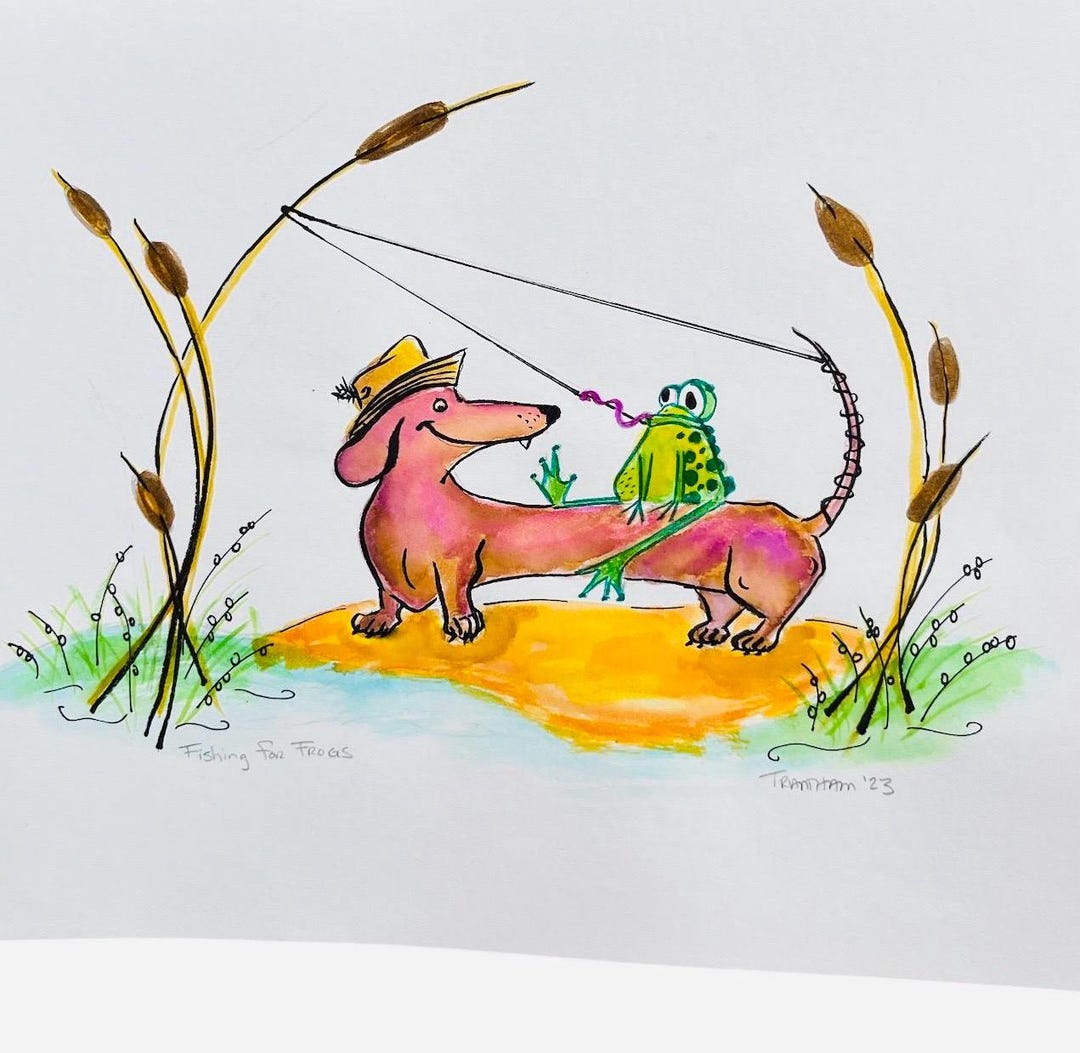 ORIGINAL Fishing for Frogs Watercolor Painting, Dachshund Art ...