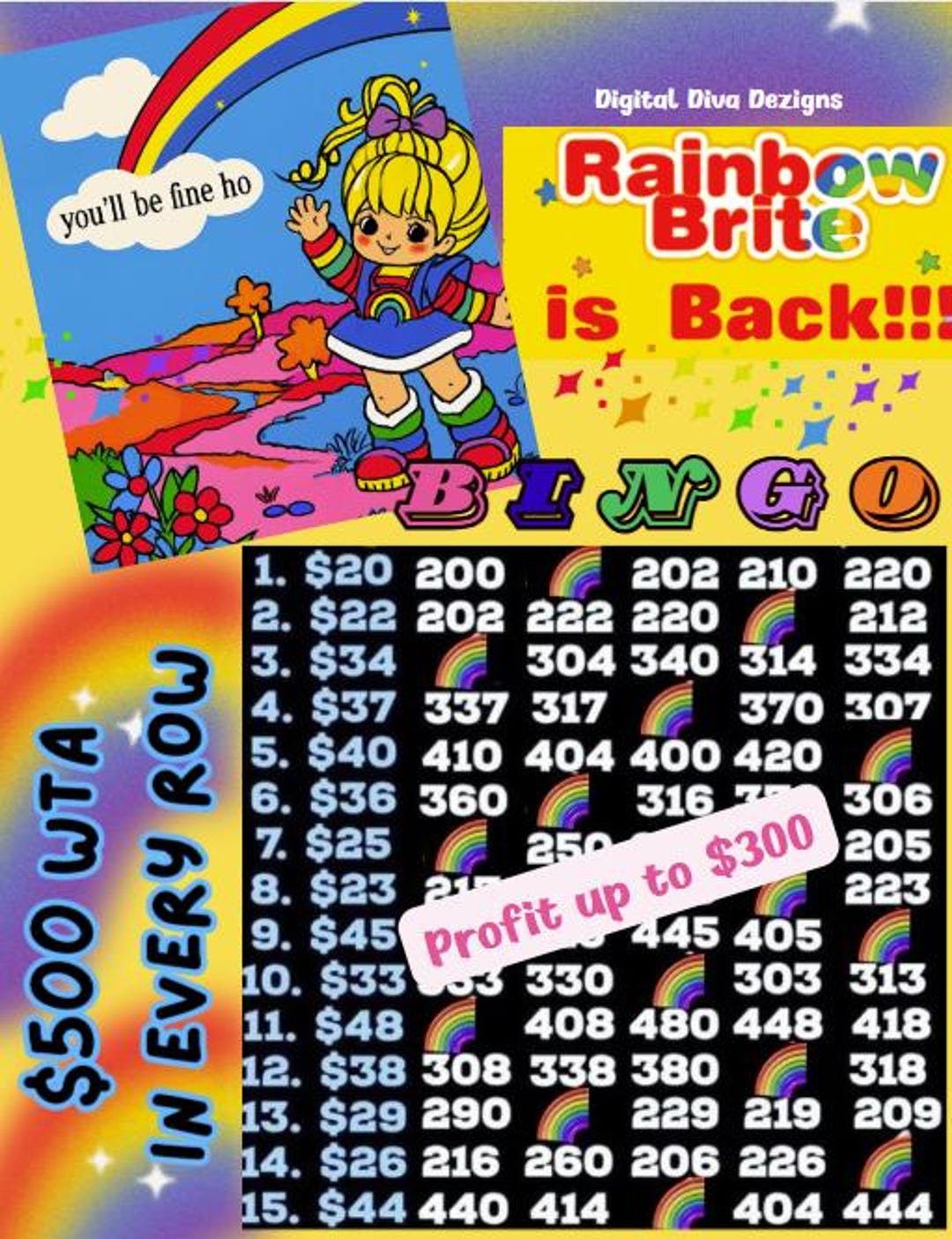 500 WTA Every Row PYP Pick Your Pay Downloadable Bingo Board Graphic ...