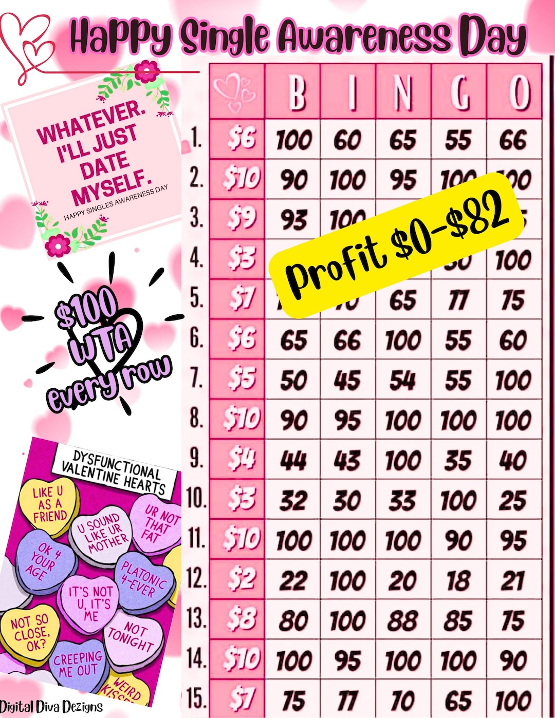 Valentine Bingo Boards Valentine's Day 100 in Every Row (digital ...