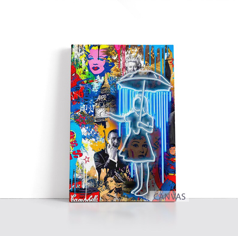 Banksy Neon Light Blue Rain Poster Graffiti Pop Style Canvas Street ...