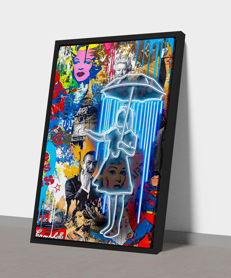 Banksy Neon Light Blue Rain Poster Graffiti Pop Style Canvas Street ...