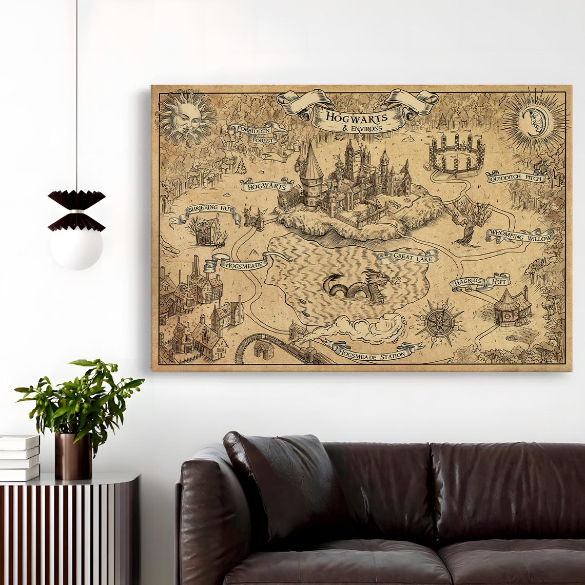 Hogwarts Map Poster Wizarding World Canvas Fantasy Wizard Map Wall Art ...