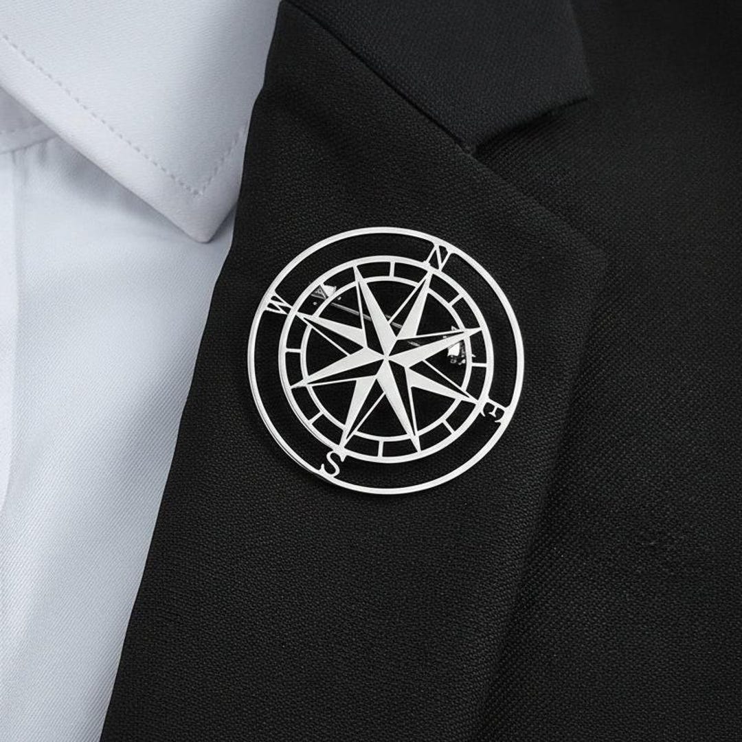Compass Lapel Pin | Gold Plated Stainless Steel Brooch | Black Suit Pin ...