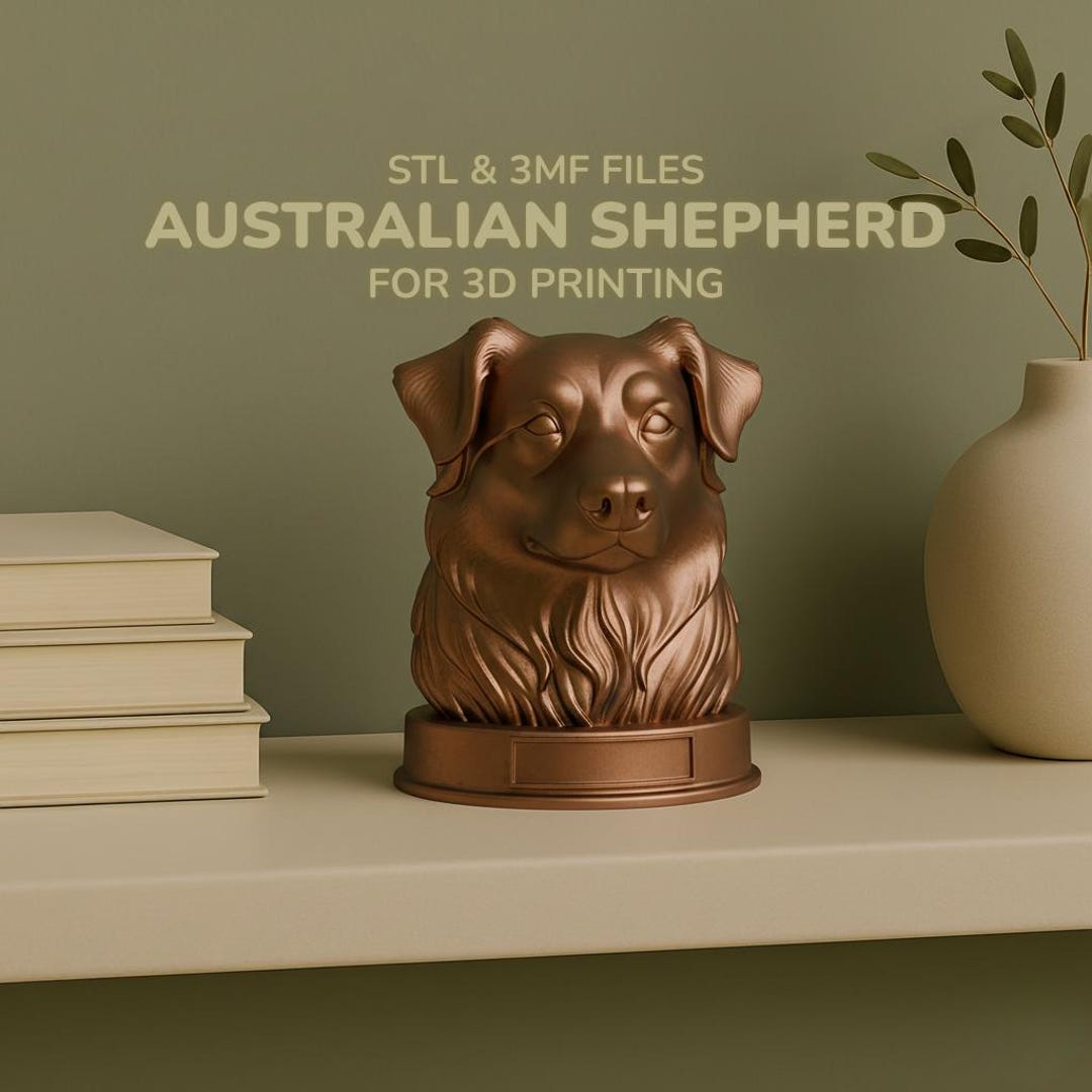 Australian Shepherd Dog Bust With Custom Nameplate - 3D STL/3MF File - Etsy