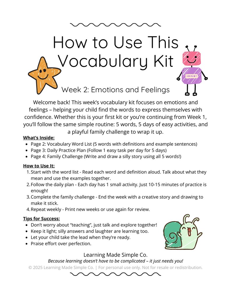 Vocabulary Builder Printable | Week 2 - Emotions & Feelings | 5-day ...