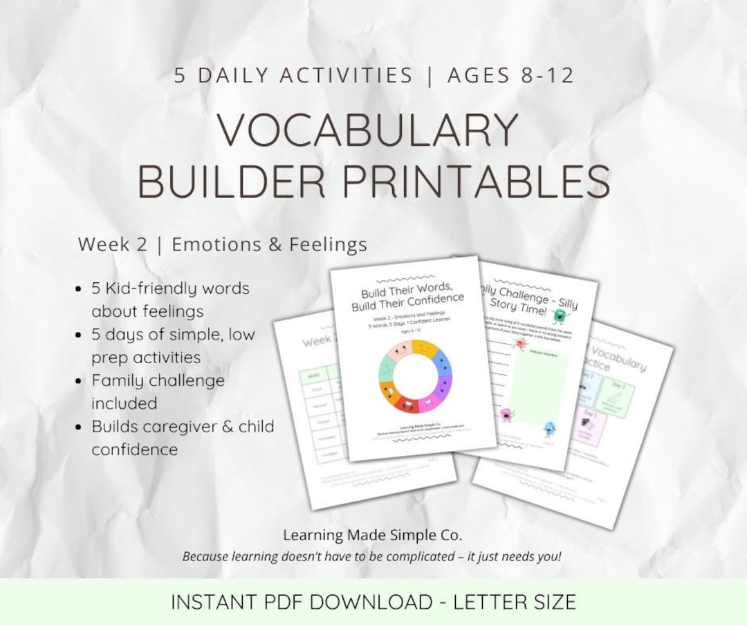 Vocabulary Builder Printable | Week 2 - Emotions & Feelings | 5-day ...