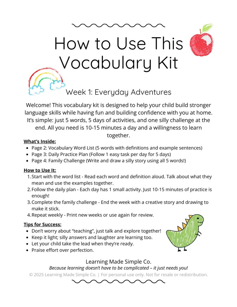 Vocabulary Builder Printable | Week 1 - Everyday Adventures | 5-day ...