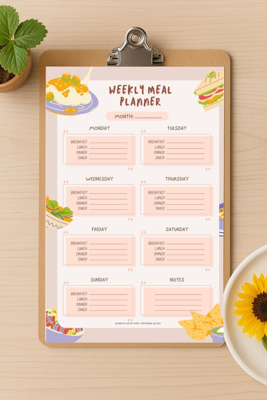 Weekly Meal Planner Printable | Cute Food Design | Meal Prep Organizer ...