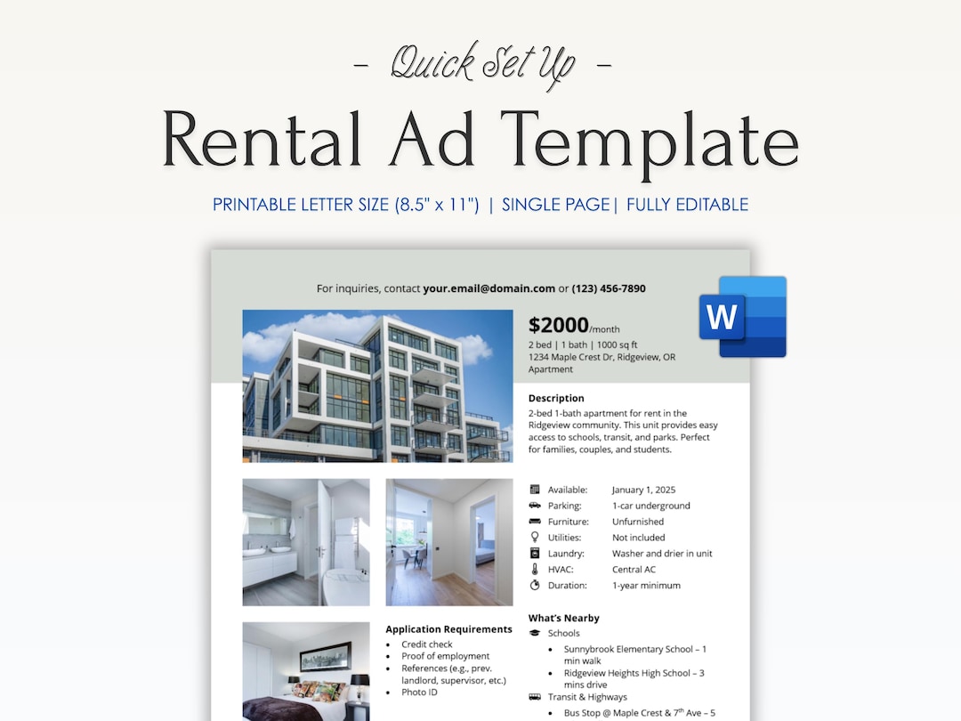 Rental Ad Template Printable Landlord Flyer for Rent Microsoft Word ...