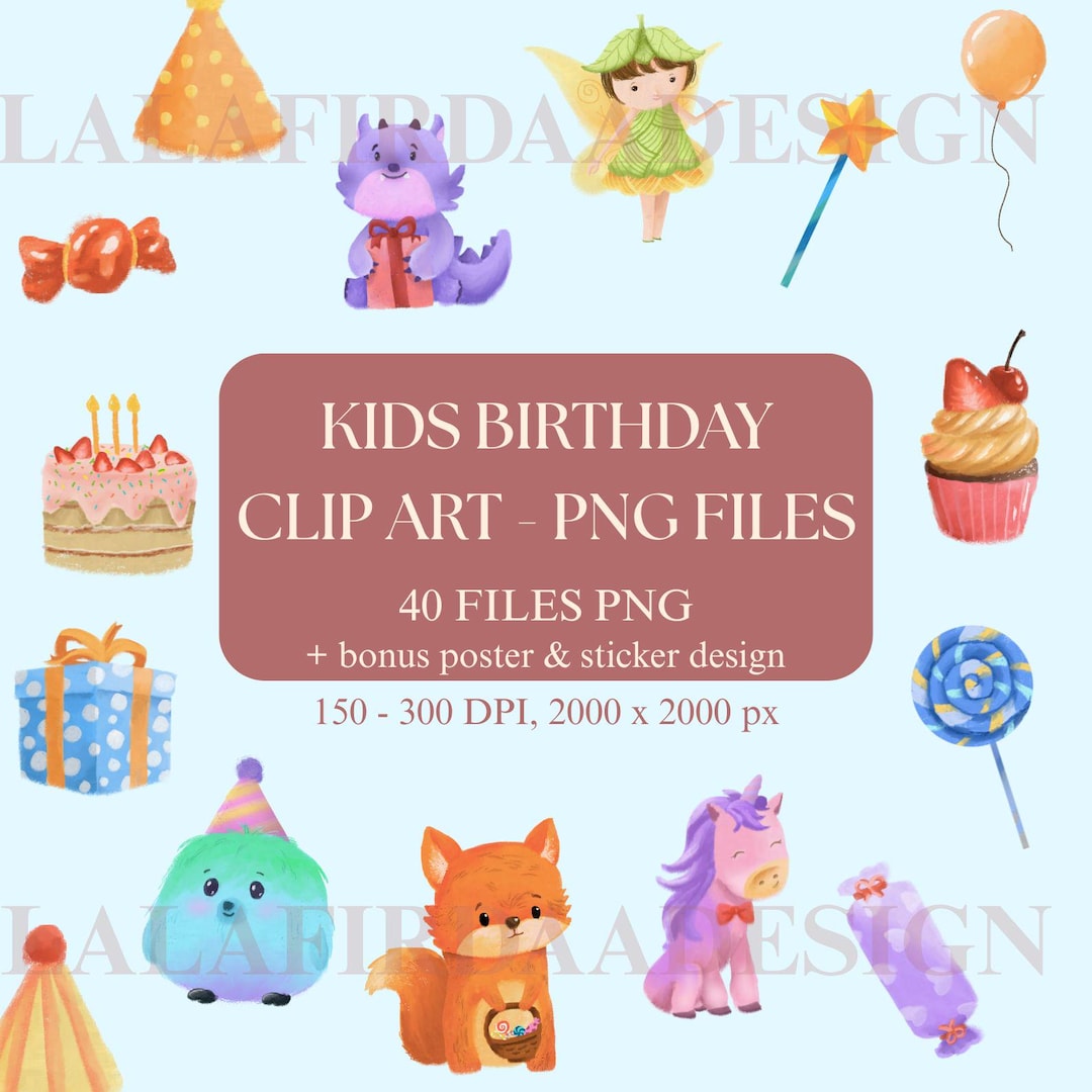 Kids Birthday Clip Art - Fantasy Party Elements - Digital PNG for ...