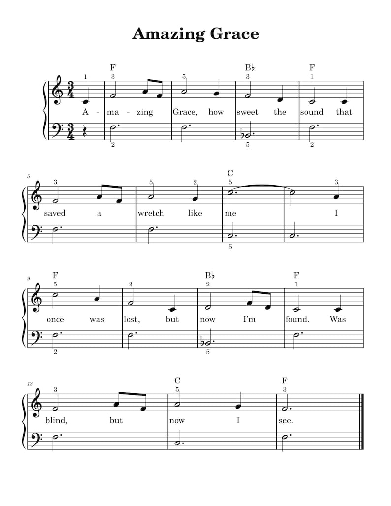 Amazing Grace Easy Piano Sheet Music – Beginner & Children (PDF) - Etsy