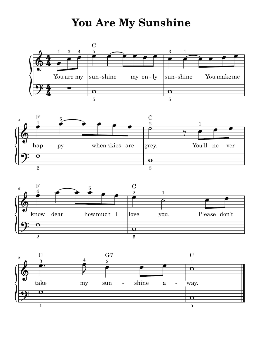 You Are My Sunshine – Easy Piano Sheet Music - Etsy