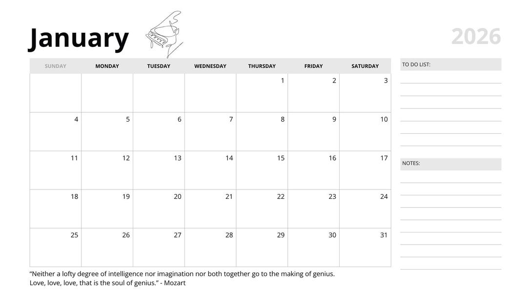2026 Music-themed Calendar | Music Line Arts & Classical Composers ...