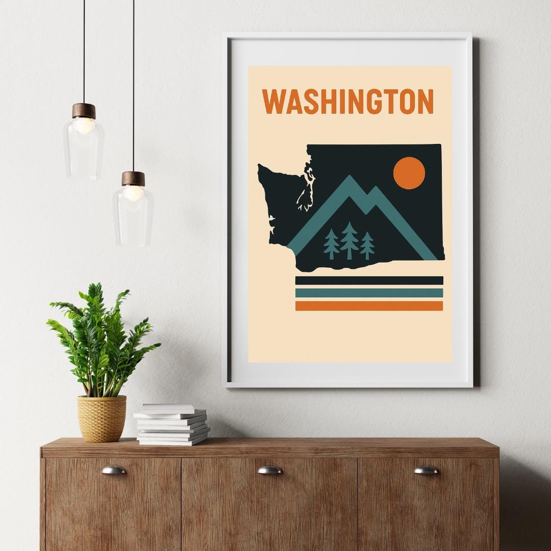 Washington Retro State Poster – Minimalist PNW Mountains and Trees Art ...