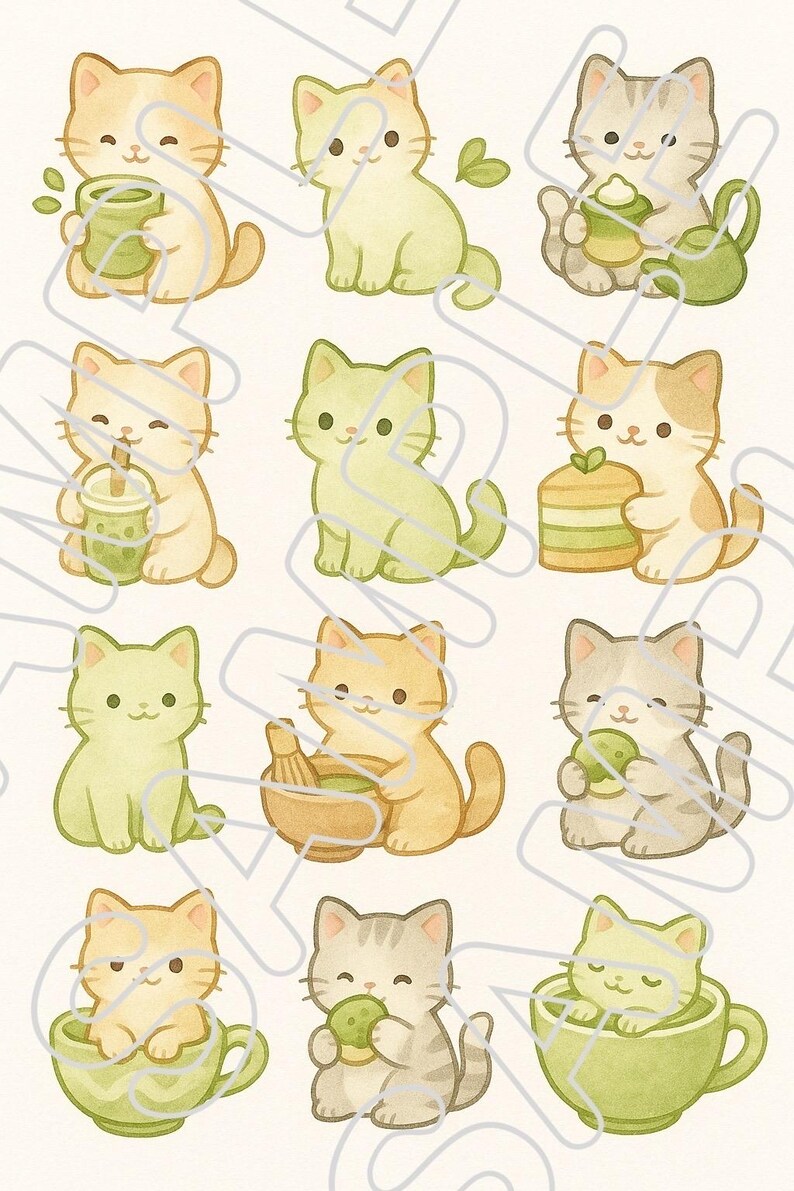 006 Cute Matcha Cats Goodnotes Planner Sticker Printable Digital File ...