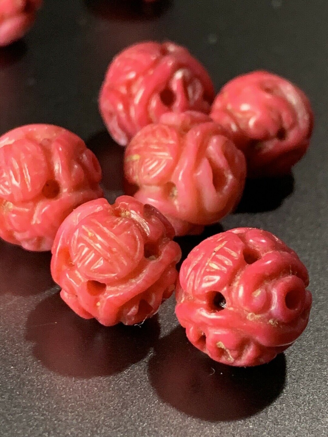 ONE Vintage Carved Chinese Bead Natural Coral Double Shou Round 10mm ...