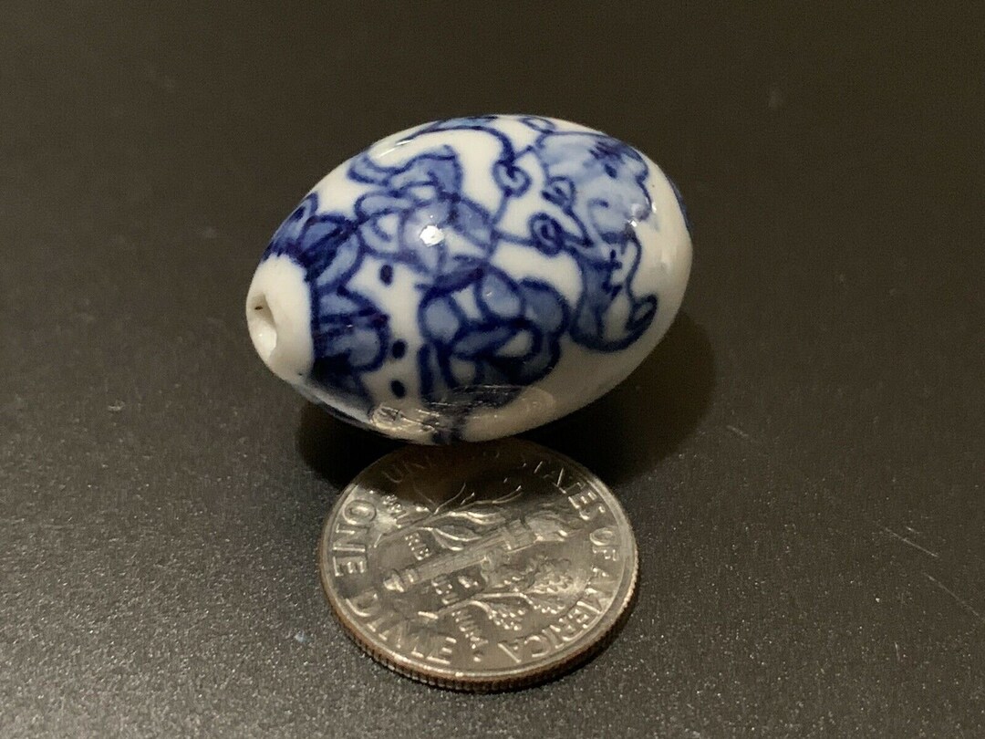 One Lrg Vintage Hand Painted Blue White Porcelain Chinese Bead Oval ...