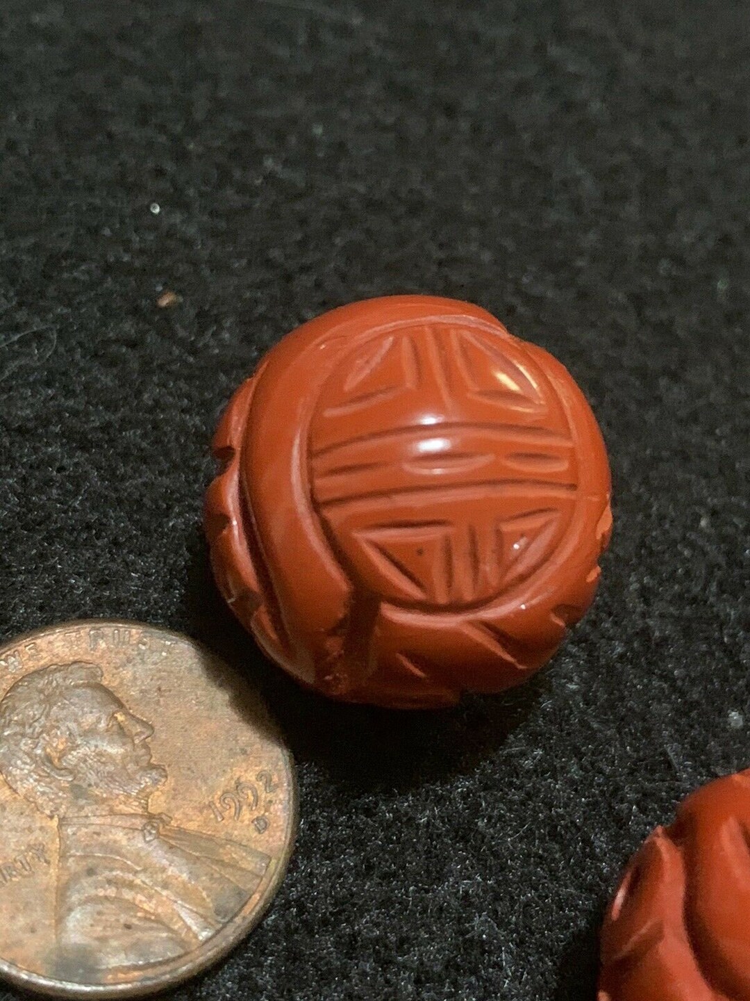 One Vintage Carved Chinese Natural Red Jasper Bead Double Shou Design ...