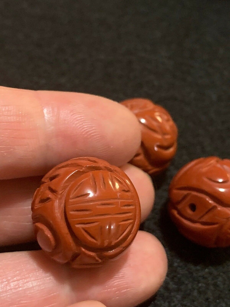 One Vintage Carved Chinese Natural Red Jasper Bead Double Shou - Etsy