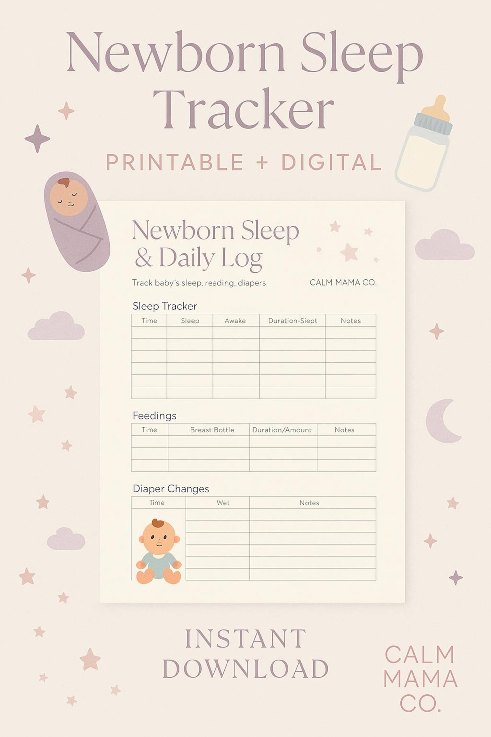 Printable Newborn Sleep Log & Baby Tracker | Feeding, Diaper, and ...