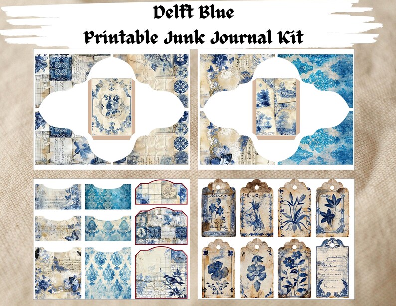 Delft Blue Printable Junk Journal Kit, Vintage Blue Digital Paper ...