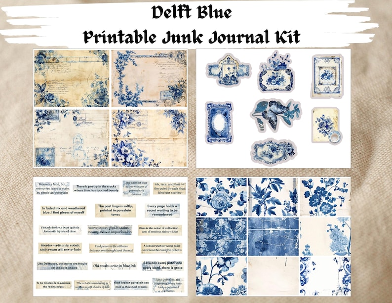 Delft Blue Printable Junk Journal Kit, Vintage Blue Digital Paper ...
